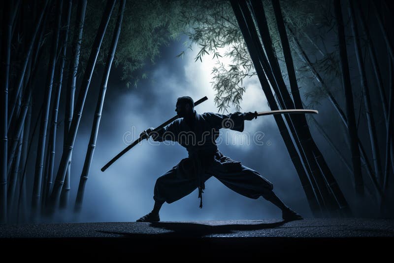 Samurai among Bamboo Trees at Night. Generative AI Stock Illustration ...