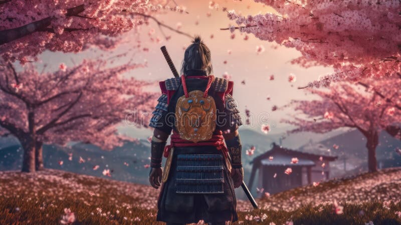 Samurai in a Blooming Garden Back View. Generative AI. Stock ...