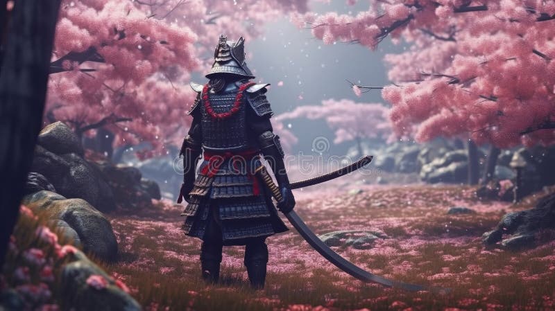 Samurai in a Blooming Garden Back View. Generative AI. Stock ...