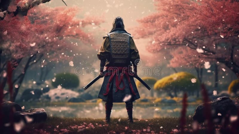 Samurai in a Blooming Garden Back View. Generative AI. Stock ...