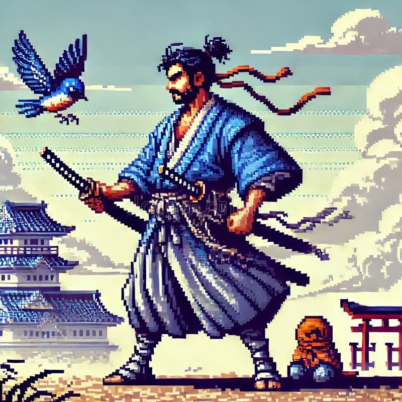Samurai Character Design with Blue Costume, Pixel Art Stock ...