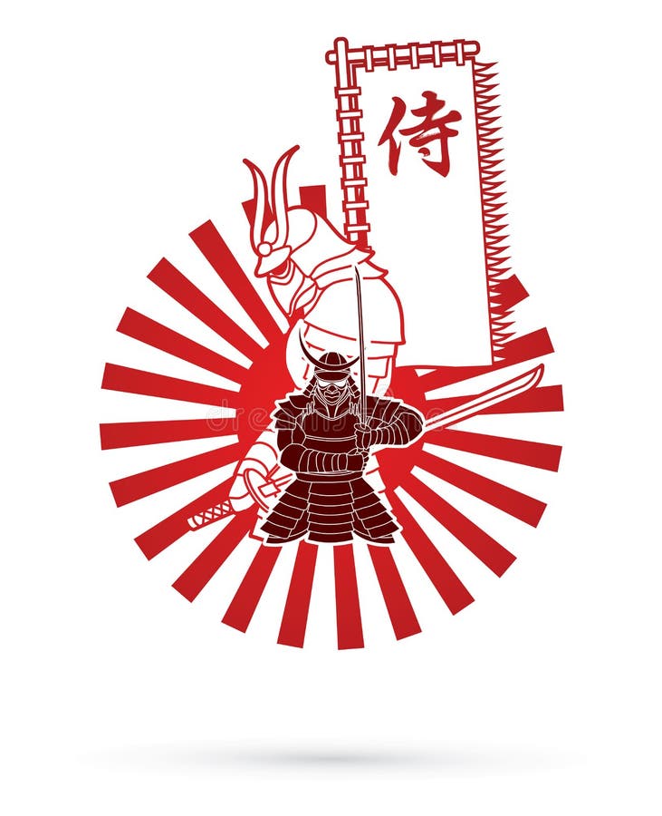2 Samurai Composition with Flag Japanese Font Mean Samurai Cartoon ...