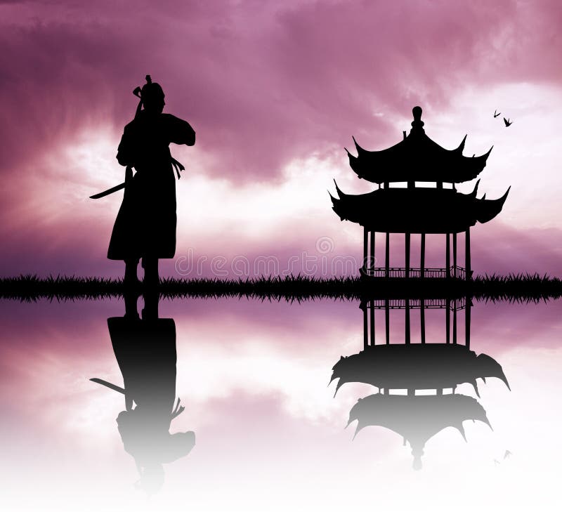 Samurai Con Las Espadas En La Puesta Del Sol Stock de ilustración ...