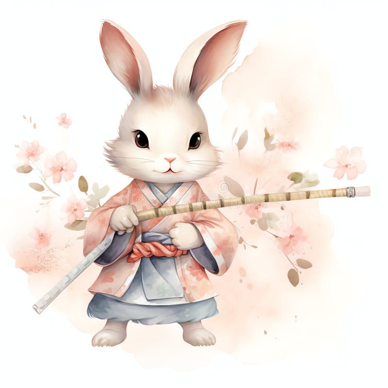 Samurai Cute Bunny with Kimono and Katana Pink Cute Bunny Watercolor ...