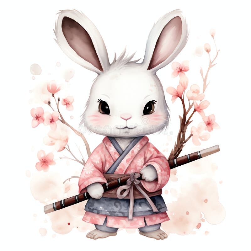 Samurai Cute Bunny with Kimono and Katana Pink Cute Bunny Watercolor ...