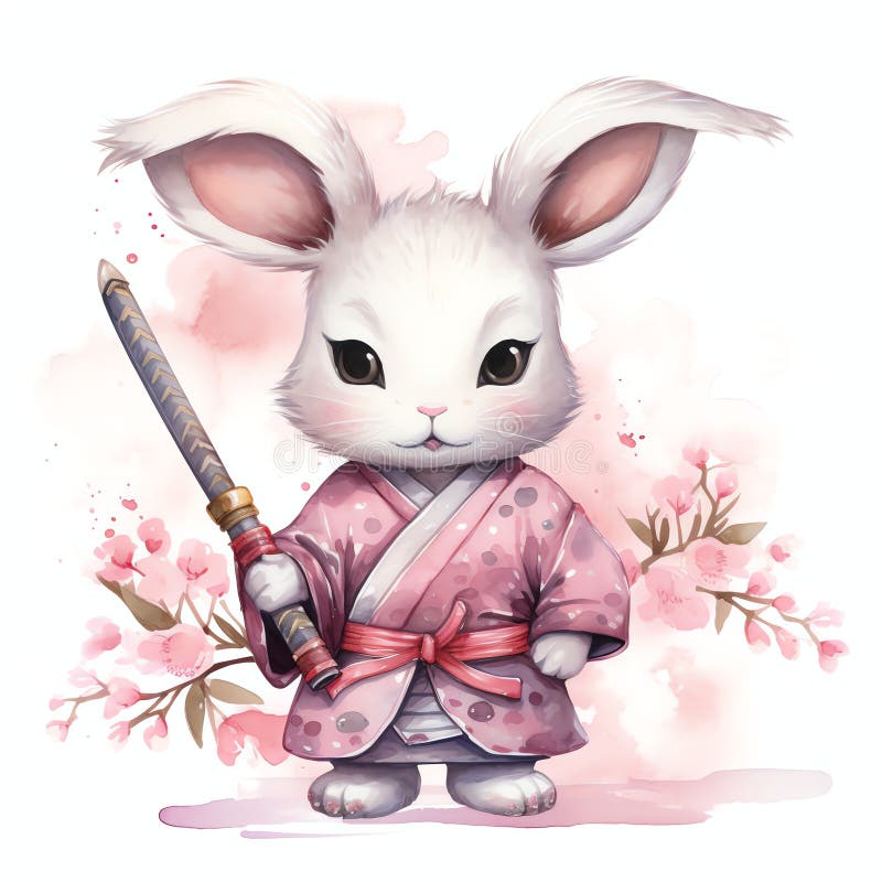 Samurai Cute Bunny with Kimono and Katana Pink Cute Bunny Watercolor ...