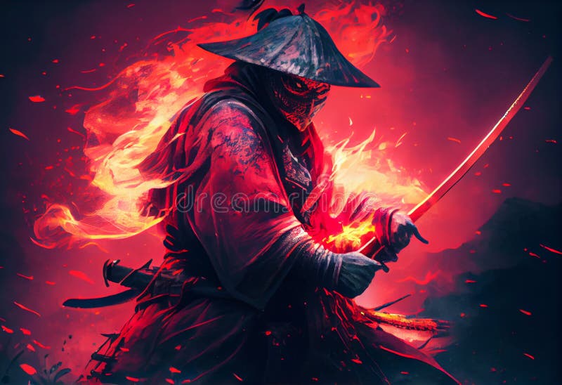 A Samurai in a Demonic Red Mask on the Battlefield. Generate Ai. Stock ...