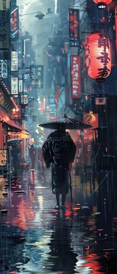 Samurai Facing Modernity Anachronism in Urban Lightscape a Juxtaposition of Epochs Stock ...