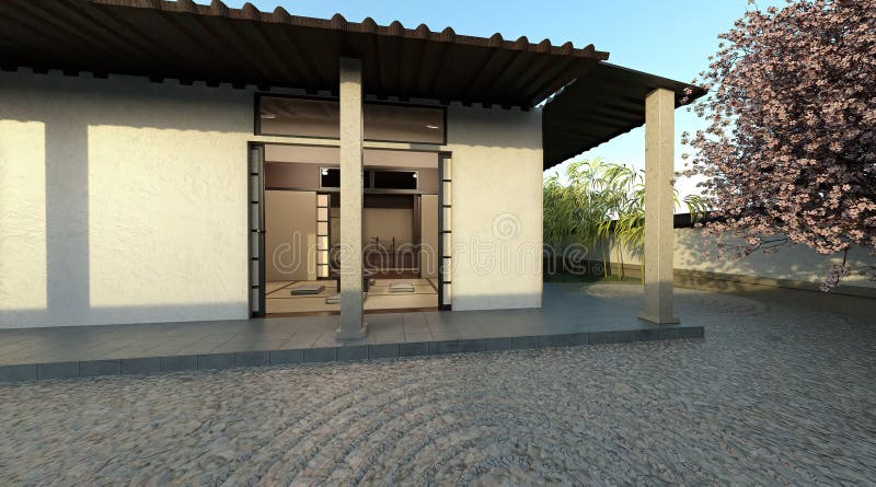 Samurai House Exterior and Interior 3d Illustration Stock Illustration ...