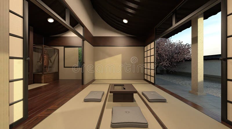 Samurai House Exterior and Interior 3d Illustration Stock Illustration ...