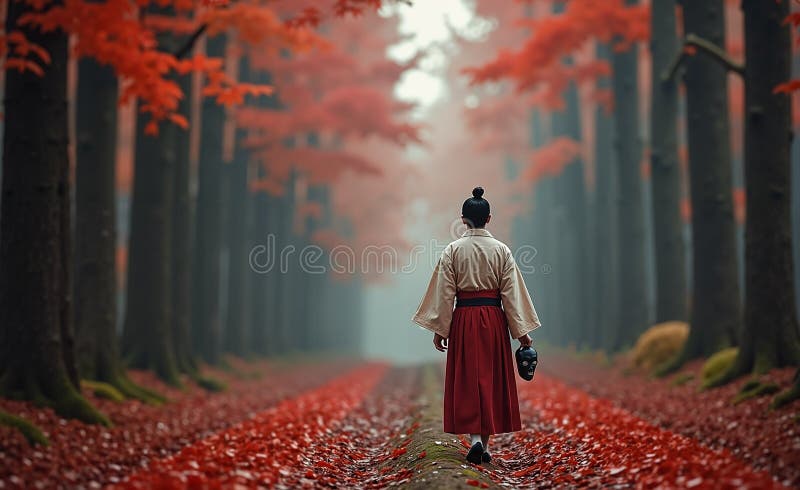 Samurai Walking Under a Red Maple Trees Stock Illustration ...