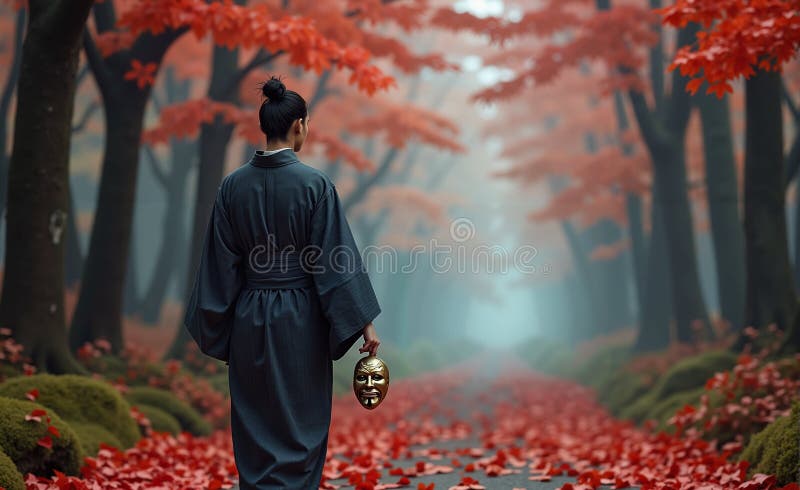 Samurai Walking Under a Red Maple Trees Stock Illustration ...