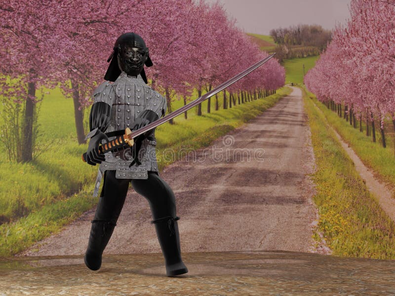 Samurai with Katana with Pink Trees on the Back Stock Illustration ...