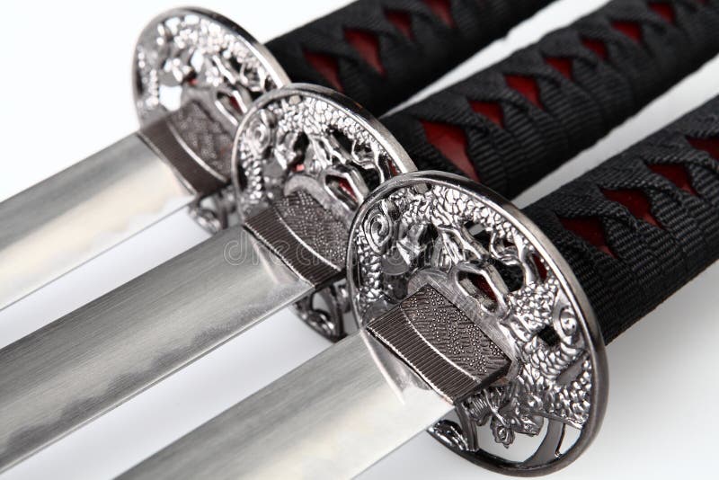 Three Samurai Swords Hang on White Wall Stock Image - Image of indoors ...