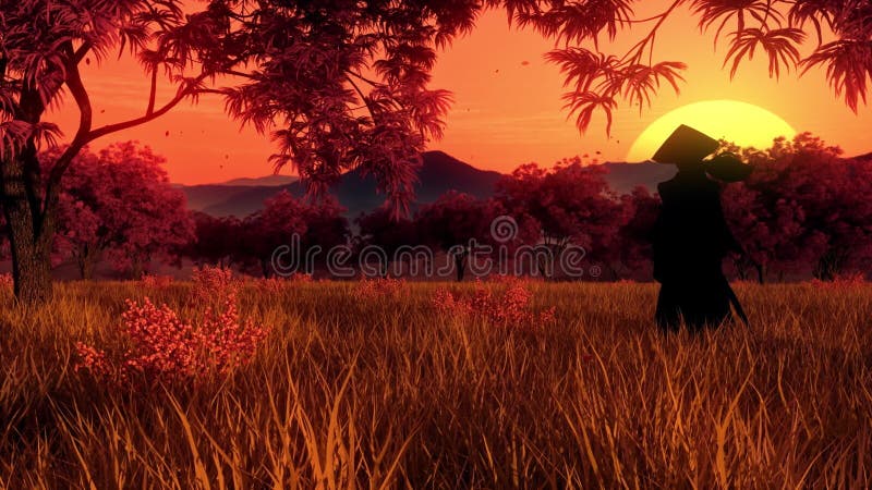 Samurai Landscape at Sunset - Loop Fantasy Background Wallpaper Stock ...
