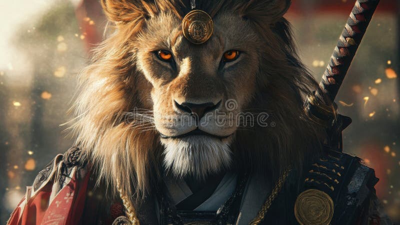 Samurai Lion is Furious on the Battlefield Stock Illustration ...