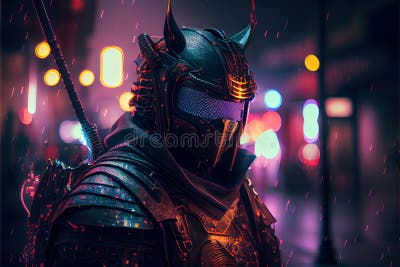 Samurai in Night City Neon Lights on Background. Stock Illustration ...