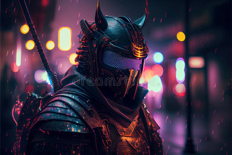 Samurai in Night City Neon Lights on Background. Stock Illustration ...