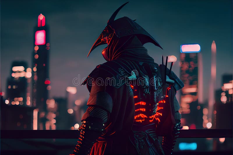 Samurai in Night City Neon Lights on Background. Stock Illustration ...