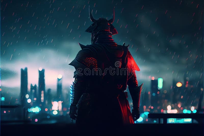 Samurai in Night City Neon Lights on Background. Stock Illustration ...
