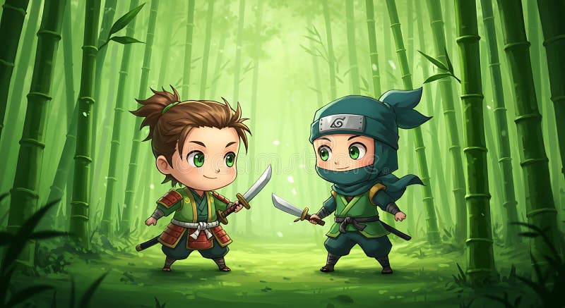Samurai and Ninja Chibi Characters in Bamboo Forest Stock Illustration - Illustration of happy ...