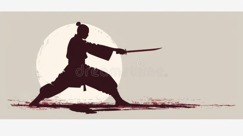 Samurai Practicing Sword Fighting in Front of a Full Moon at Night ...