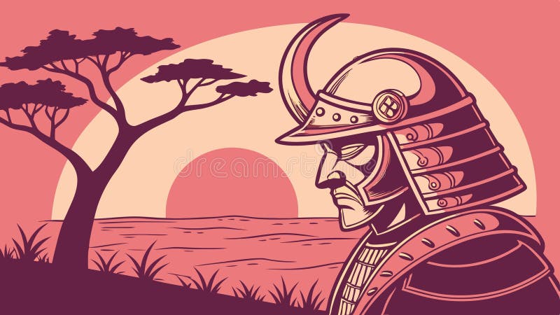 Samurai Profile Against a Bold Red Sunset and Mountains, Vector Design ...