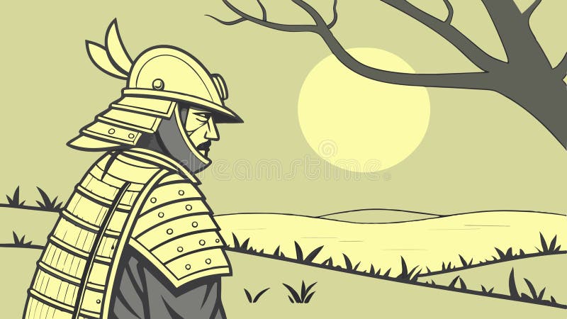 Samurai Profile in a Simple, Tranquil Green Landscape, Vector Design ...
