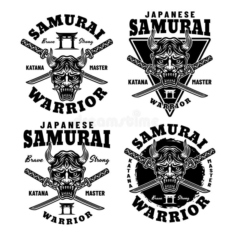 Samurai Set of Vector Monochrome Emblems, Badges, Labels Isolated on ...