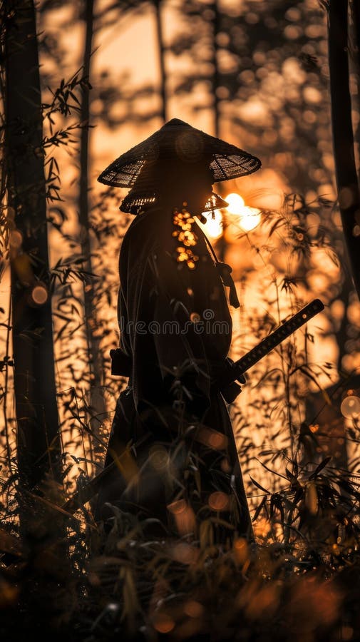 Samurai Silhouette in Bamboo Forest at Sunset, Mysterious and Serene ...