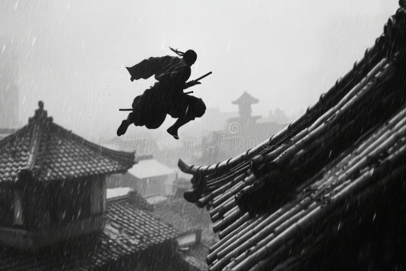 A Samurai Silhouette Leaping between Rooftops in a Rainy Storm Stock ...