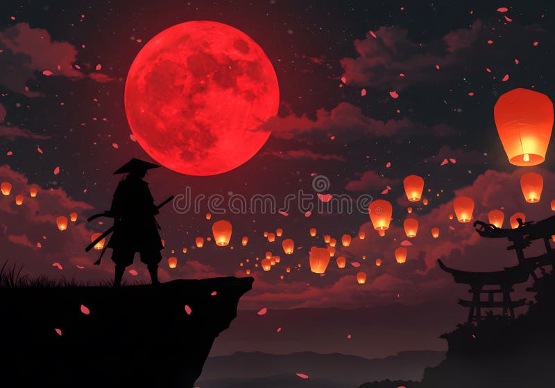 Samurai Silhouette Red Moon Lantern Night Stock Illustration ...