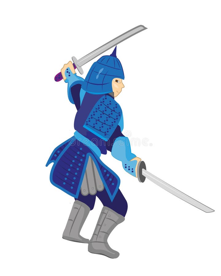 Samurai Standing and Holding Two Swords. Cartoon Samurai Warrior. Stock ...