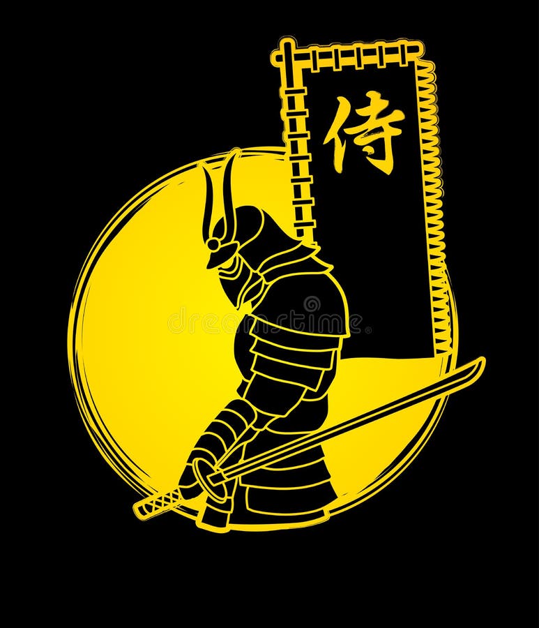 Samurai Standing with Sword and Flag Samurai Japanese Text Cartoon ...