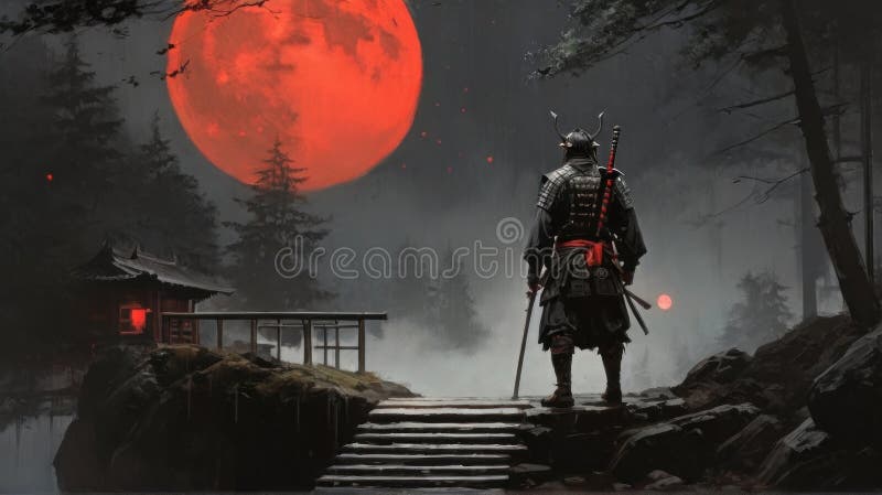 Samurai in Night City Neon Lights on Background. Stock Illustration ...