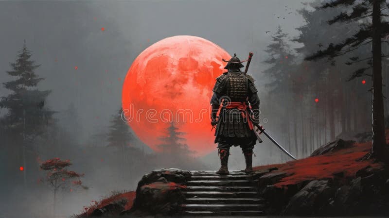Samurai in Night City Neon Lights on Background. Stock Illustration ...