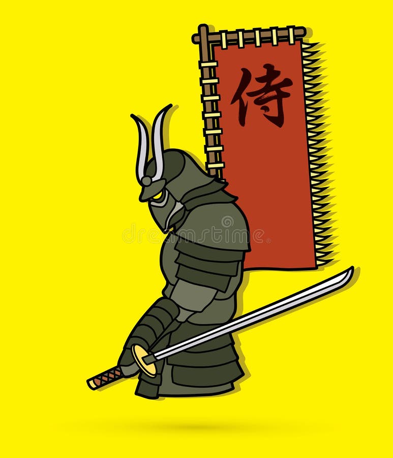 Samurai Standing with Sword and Flag Samurai Japanese Text Graphic ...