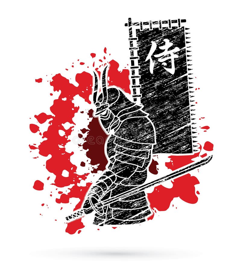 Samurai Standing with Sword and Flag Samurai Japanese Text Graphic ...