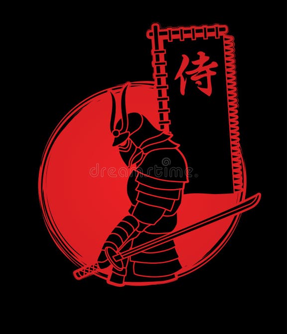 Samurai Standing with Sword and Flag Samurai Japanese Text Graphic ...