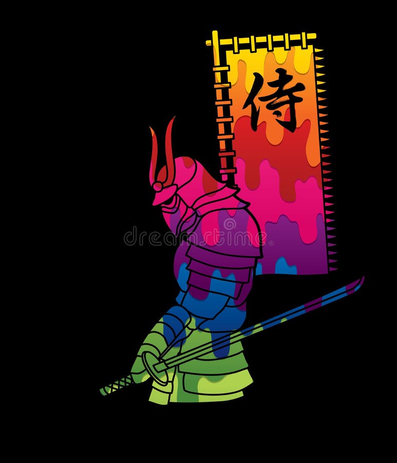 Samurai Standing with Sword and Flag Samurai Japanese Text Graphic ...