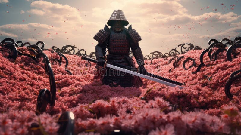 Samurai Standing among the Swords Impaled on the Ground in the Flower ...