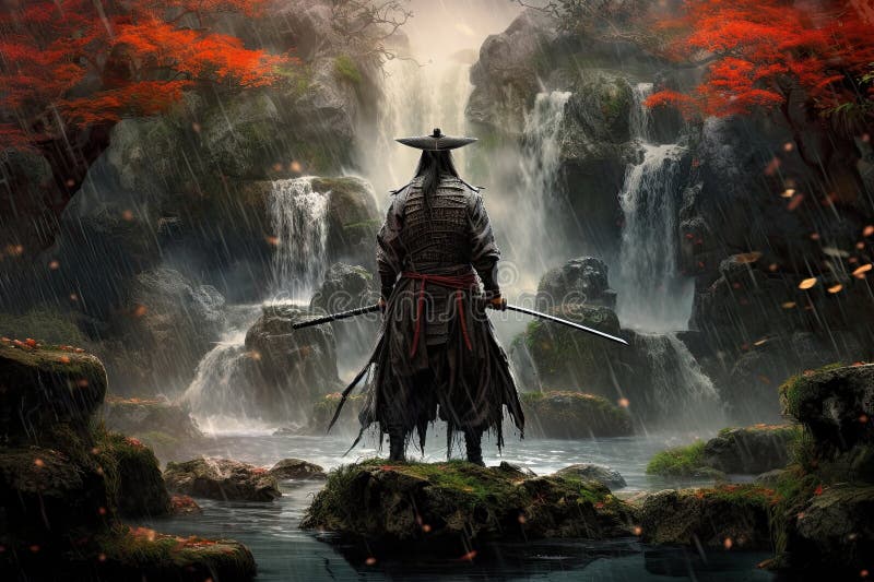 A Samurai Standing in Waterfall Garden with Swords on the Ground ...