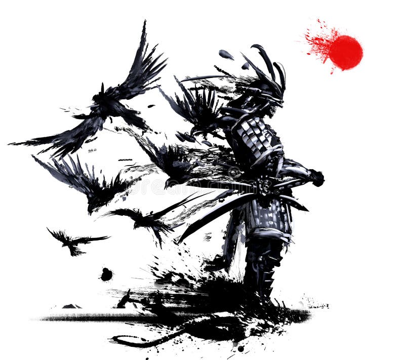 Samurai Stands Against a White Sky with a Red Sun, Stock Illustration ...