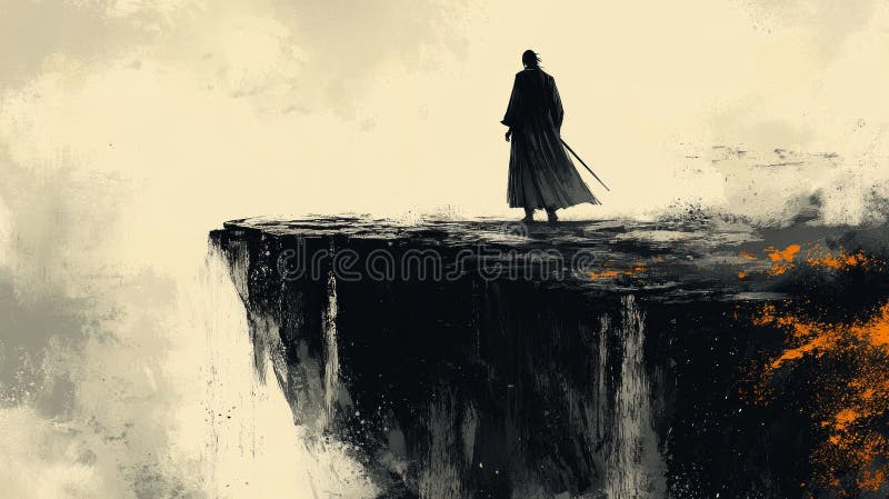 Samurai Stands Alone on Edge of Cliff Gazing into Misty Valley Below ...