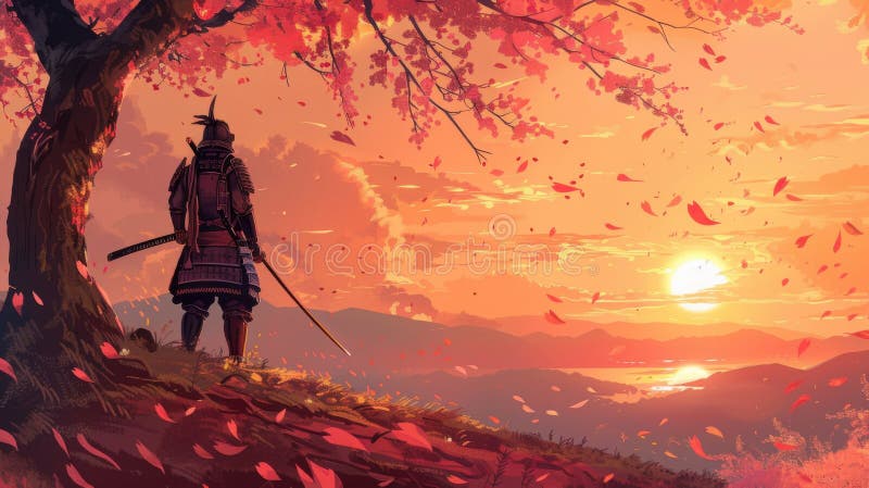 Samurai in Sunset with Cherry Blossoms Stock Image - Image of nature ...