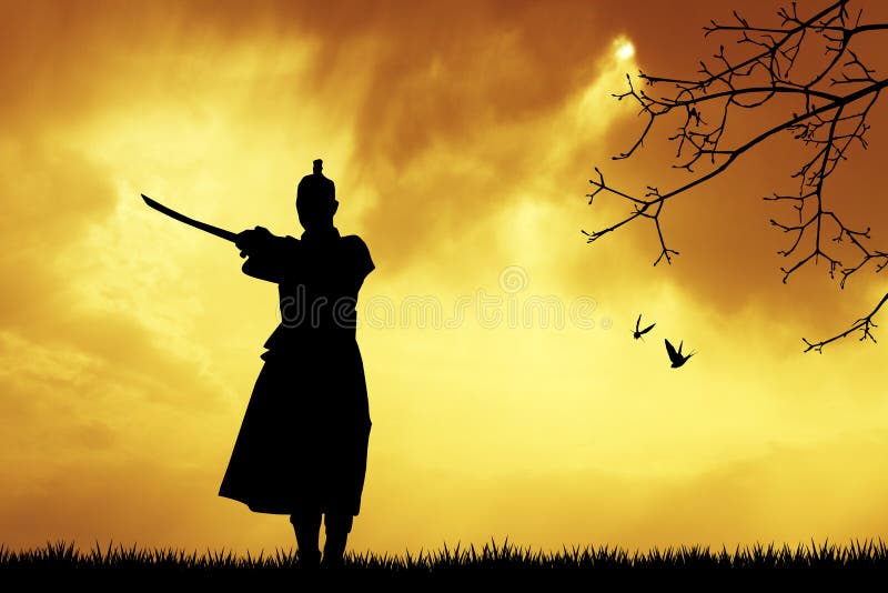 Samurai at sunset stock illustration. Illustration of silhouette - 45424356