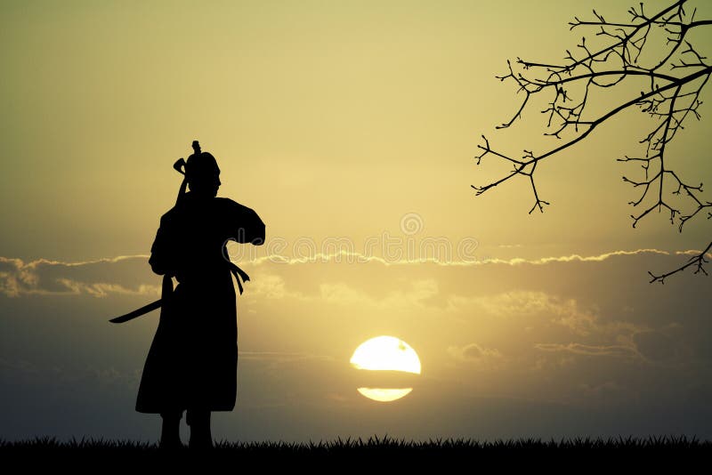 Samurai at Sunset in Landscape Stock Illustration - Illustration of ...