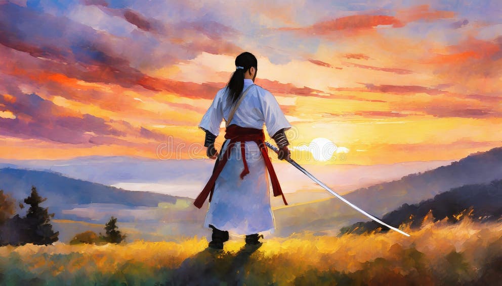 Samurai on sunset. stock illustration. Illustration of sketch - 309050192