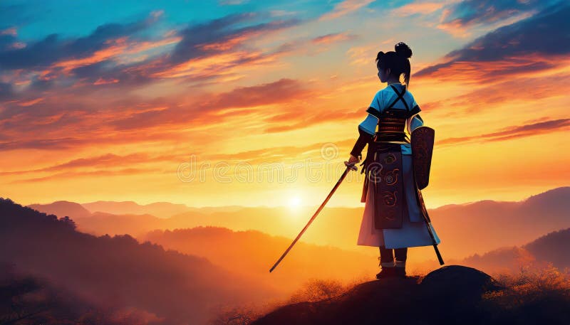 Samurai at sunset stock illustration. Illustration of samurai - 329024099