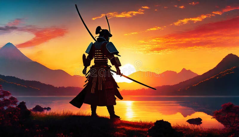 Samurai at sunset stock illustration. Illustration of samurai - 329024105